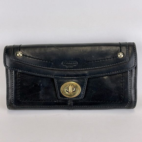 Coach | Bags | Coach Vintage Turnlock Wallet Black Leather Gold ...